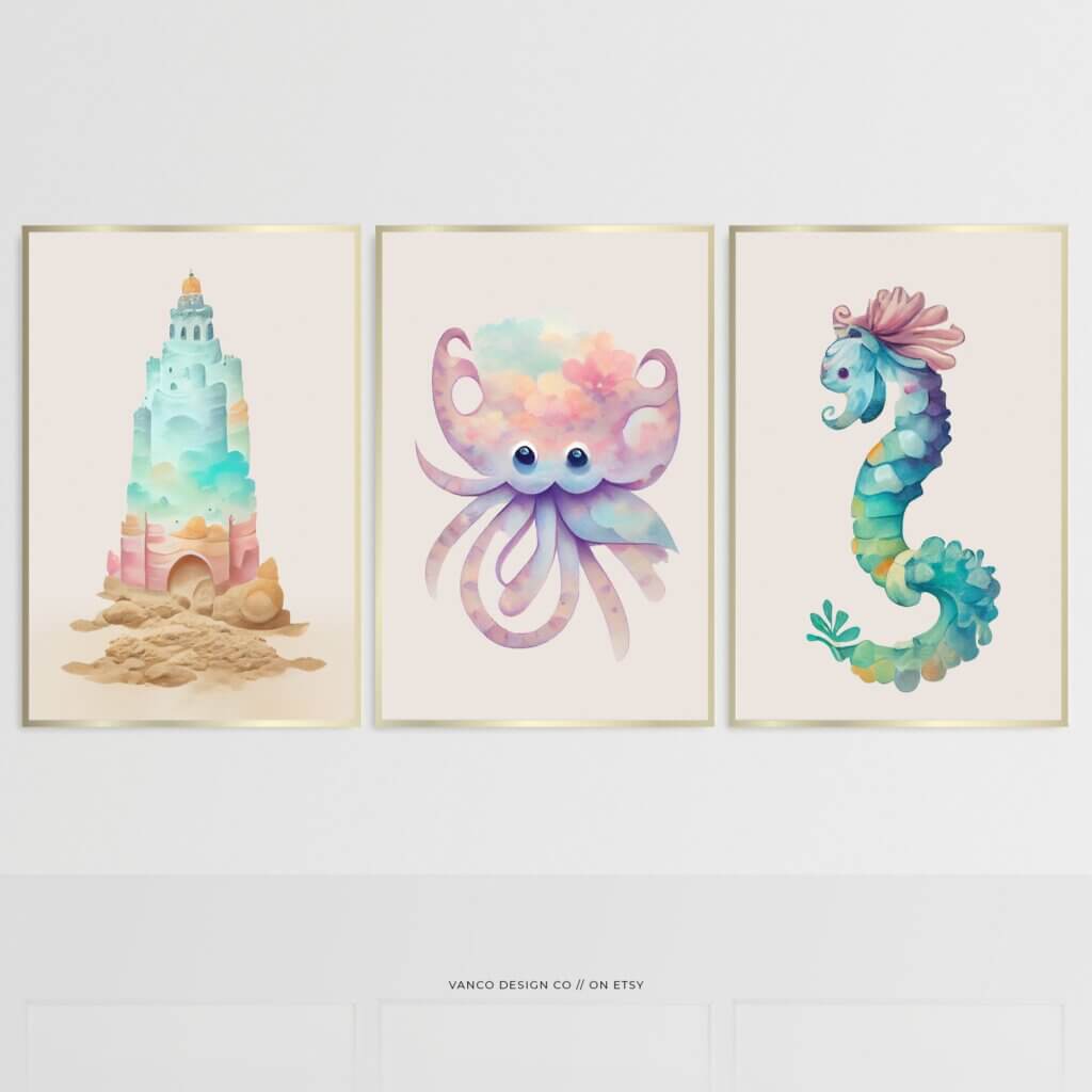 Ocean Sea Creatures Wall Art – Beach Nursery Set of 3 - Vanco Design Co